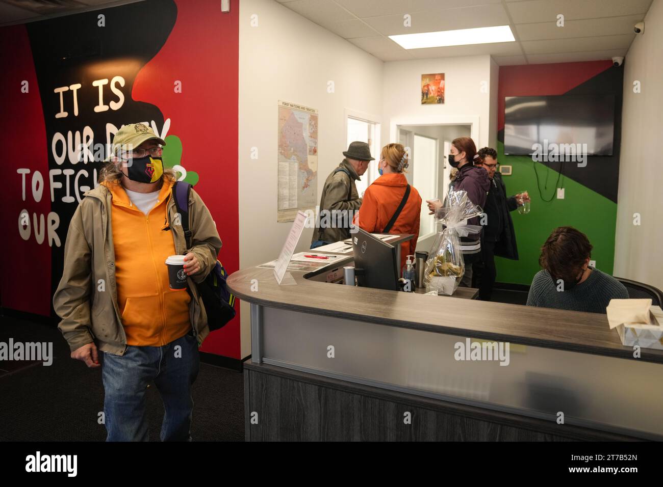 Hamilton, Canada. 14th Nov, 2023. Supporters visit Sarah Jama's Hamilton Centre constituency ...