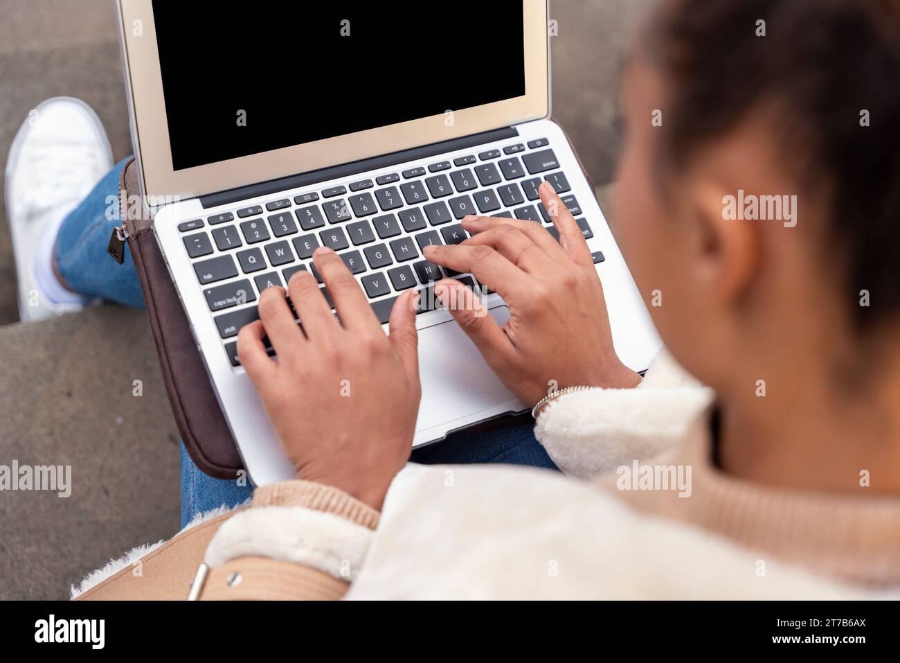 African Ethnicity woman e-learning distance watching online education webinar using laptop Stock ...