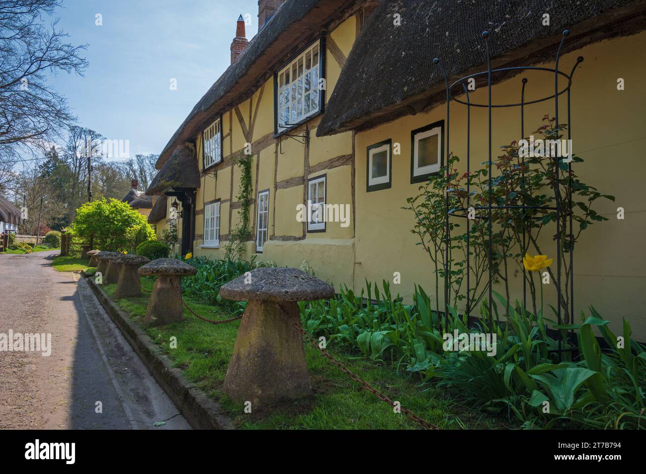 Traditional timber framed thatched cottages in Church Street, Wherwell ...