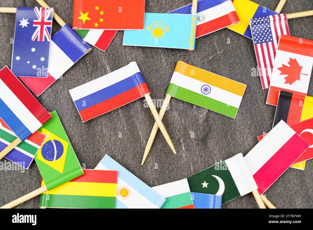 Policy. National flags of different countries. The concept is diplomacy ...