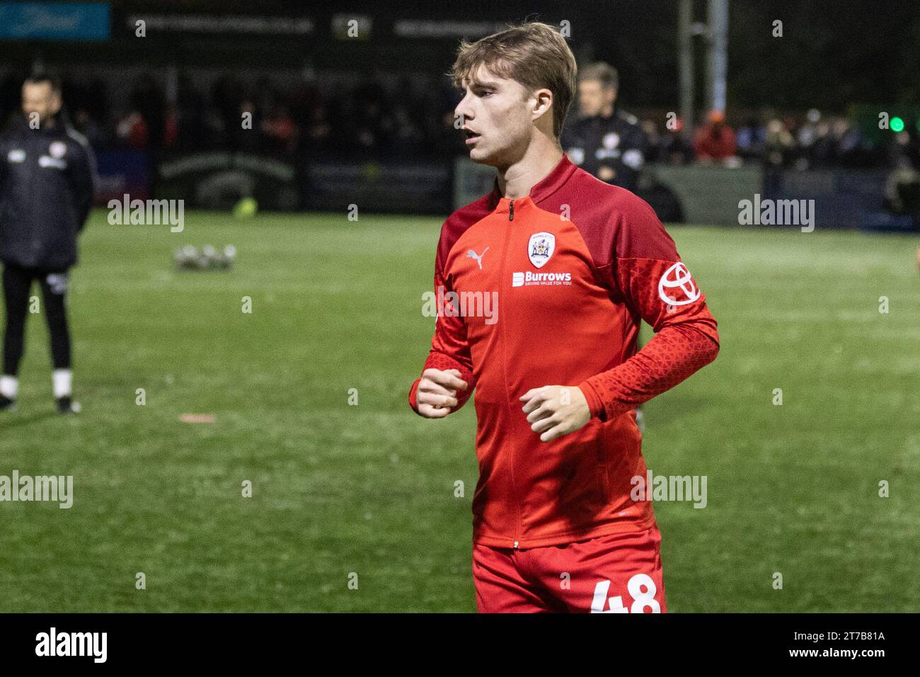 Luca Connell #48 of Barnsley in the pregame warmup session during the ...