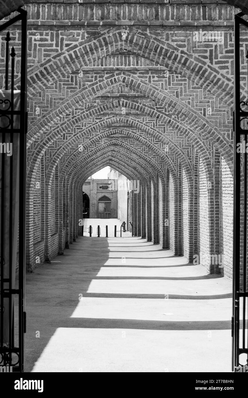 Two people are standing in a majestic, arched passageway with a tall ...