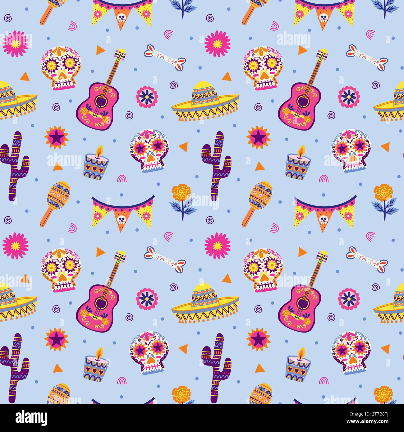 Day of the Dead Mariachi Band Elements on Blue Seamless Pattern Design ...