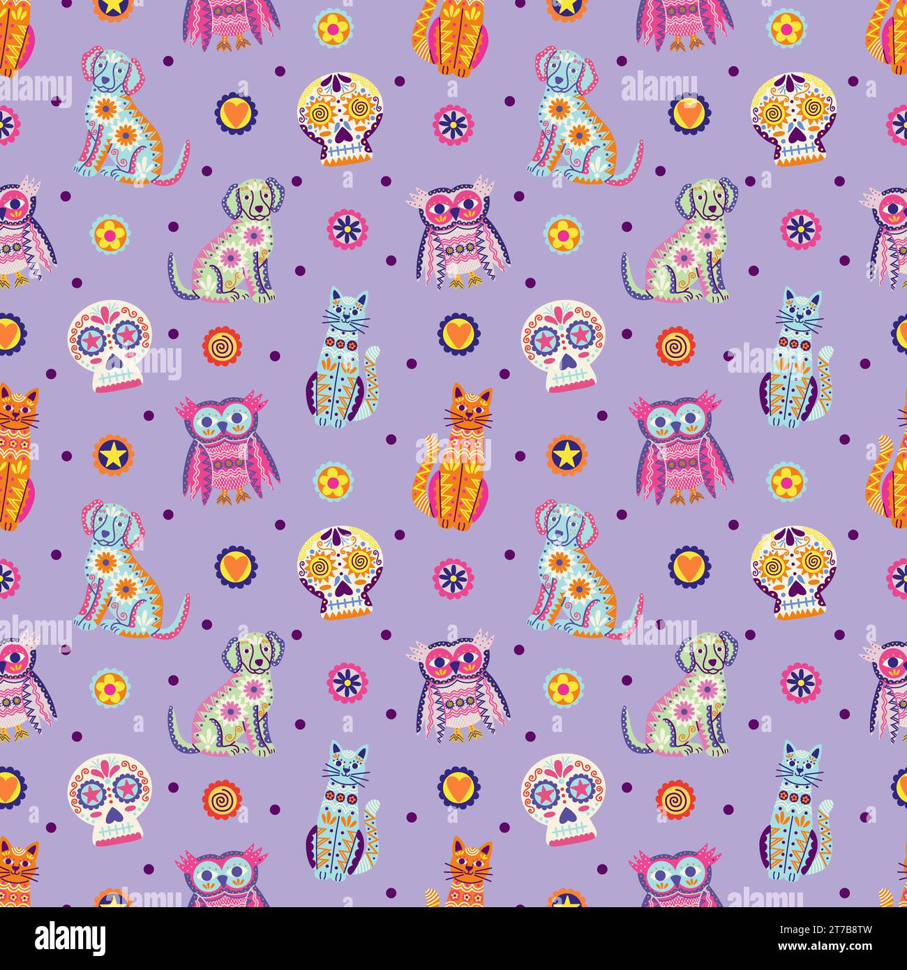 Day of the Dead Animal Alebrijes on Purple Seamless Pattern Design ...