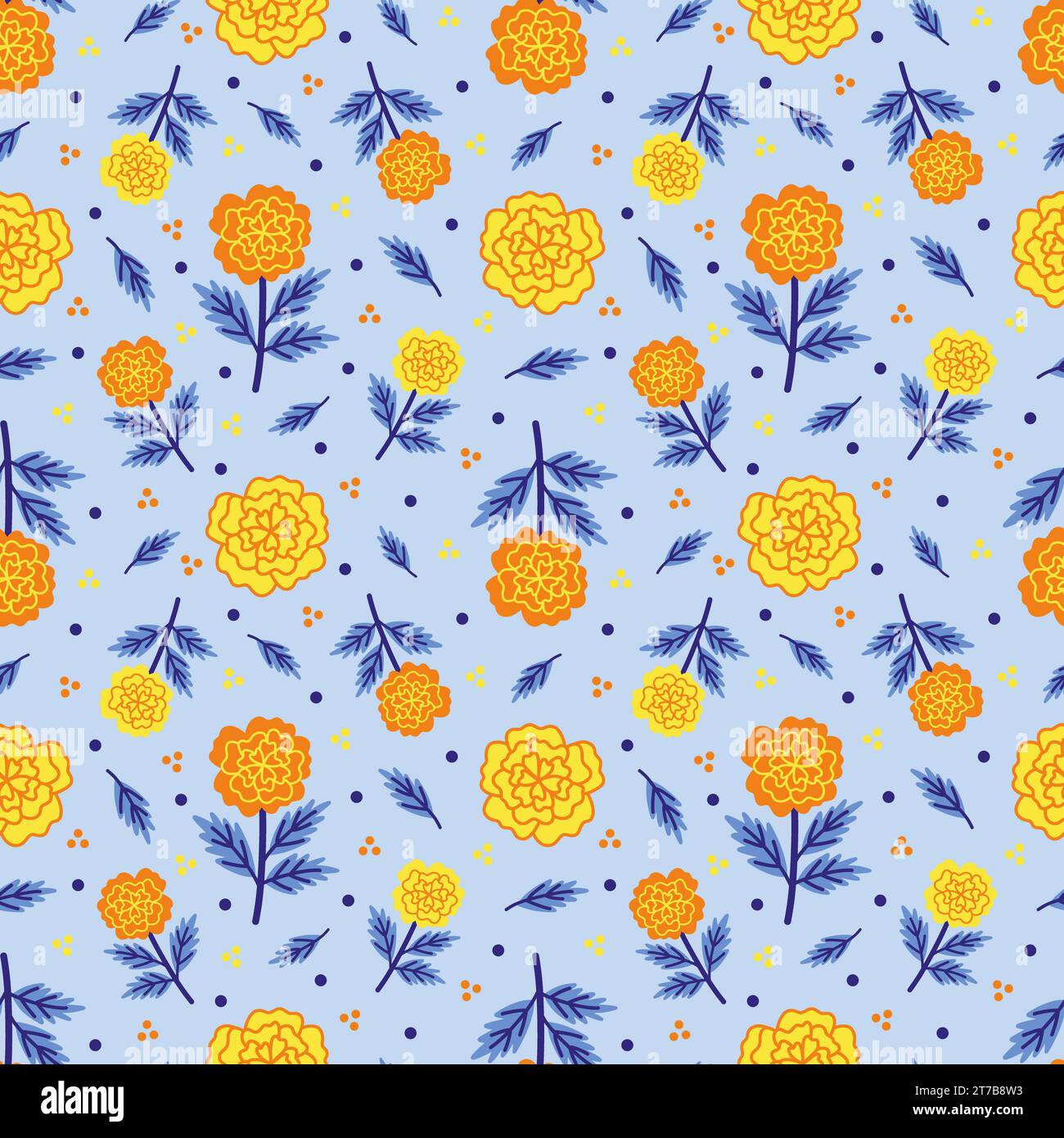 Yellow and Orange Marigold Flowers on Blue Seamless Pattern Design ...