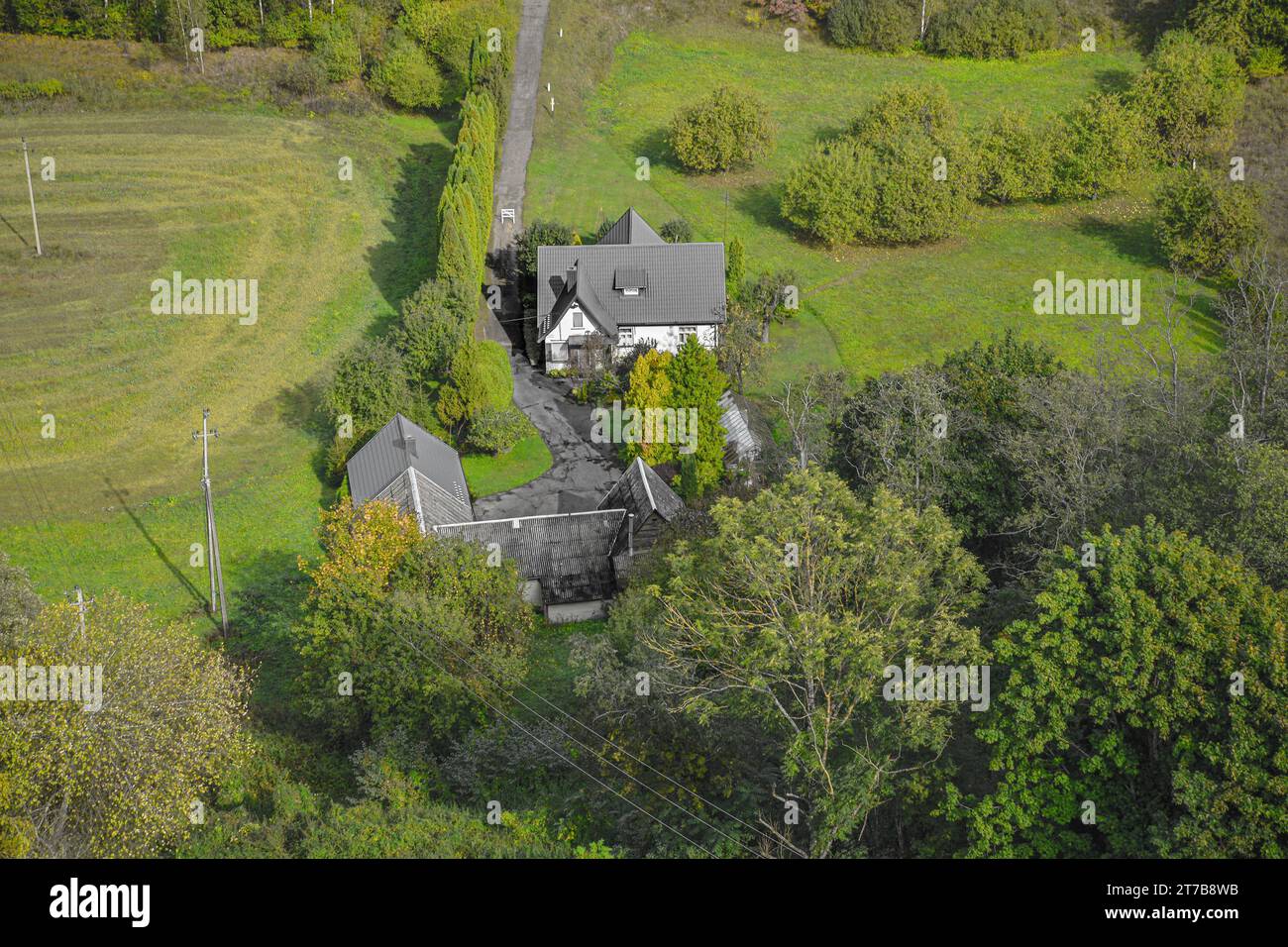 Farm view from the top. Farm dueling's. Gras field. Fence. House. Farm ...