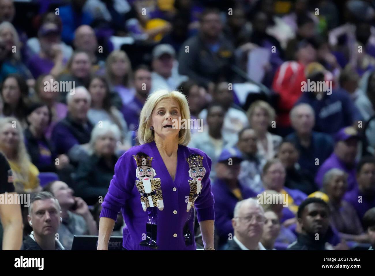 LSU head coach Kim Mulkey calls out from the bench in the second half ...