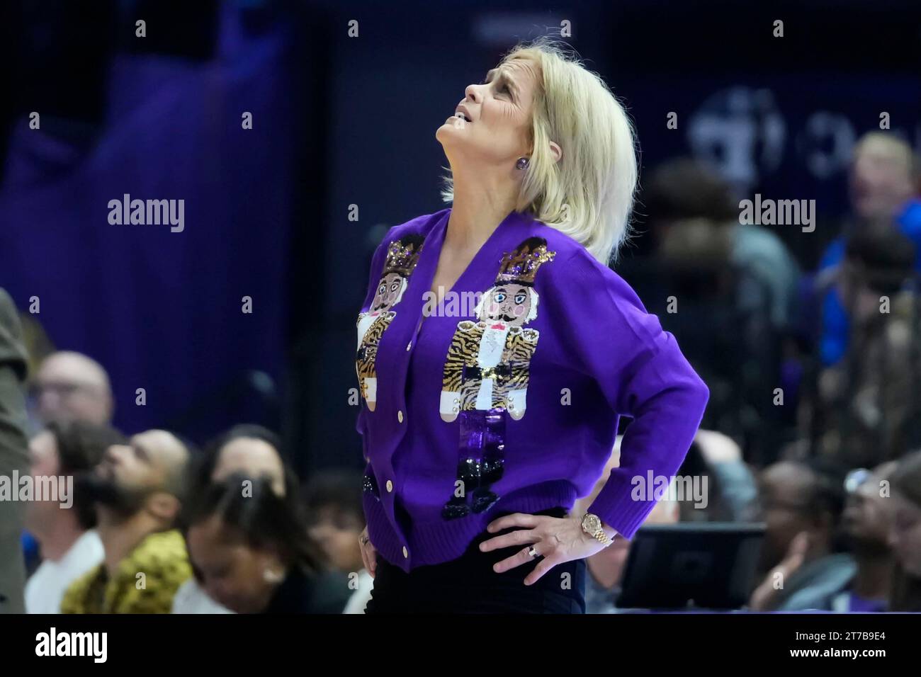 LSU head coach Kim Mulkey calls out from the bench in the second half ...