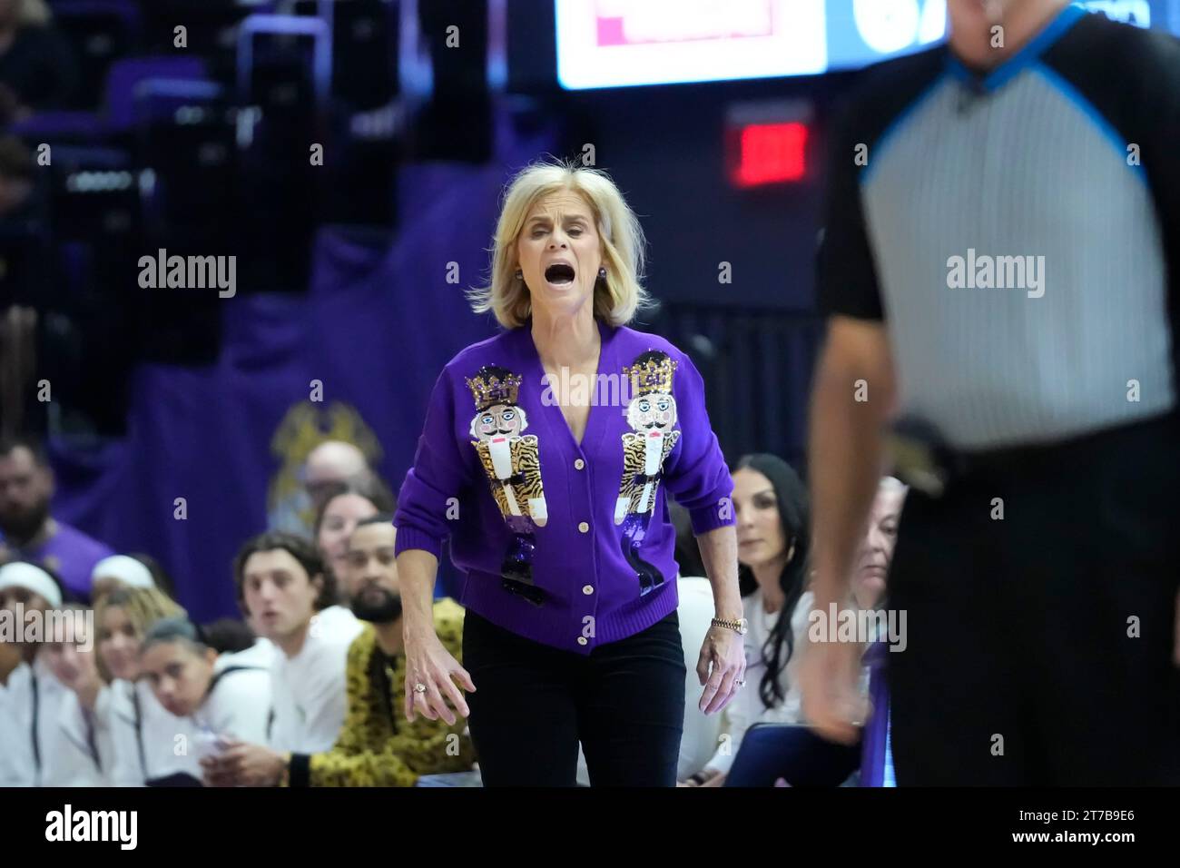 LSU head coach Kim Mulkey calls out from the bench in the second half ...