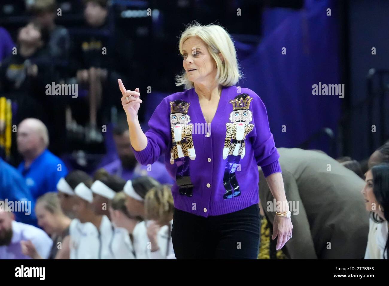 LSU head coach Kim Mulkey calls out from the bench in the second half ...