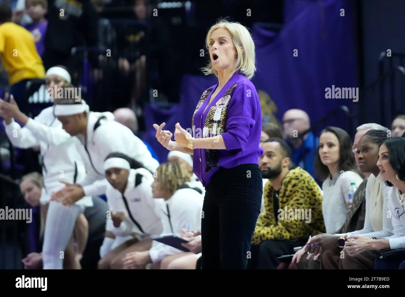 LSU head coach Kim Mulkey calls out from the bench in the second half ...