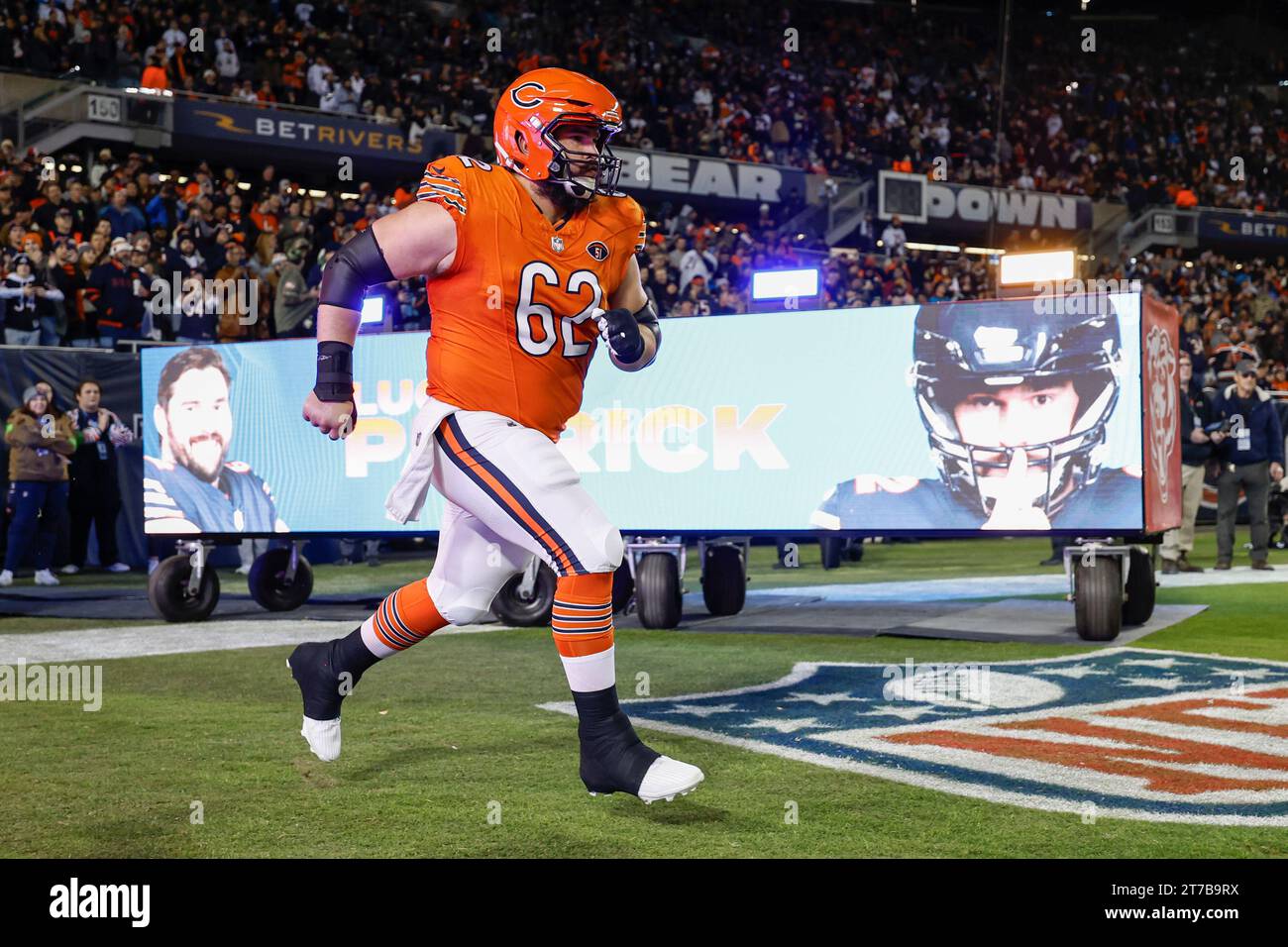 Chicago Bears guard Lucas Patrick (62) arrives on the field before an ...