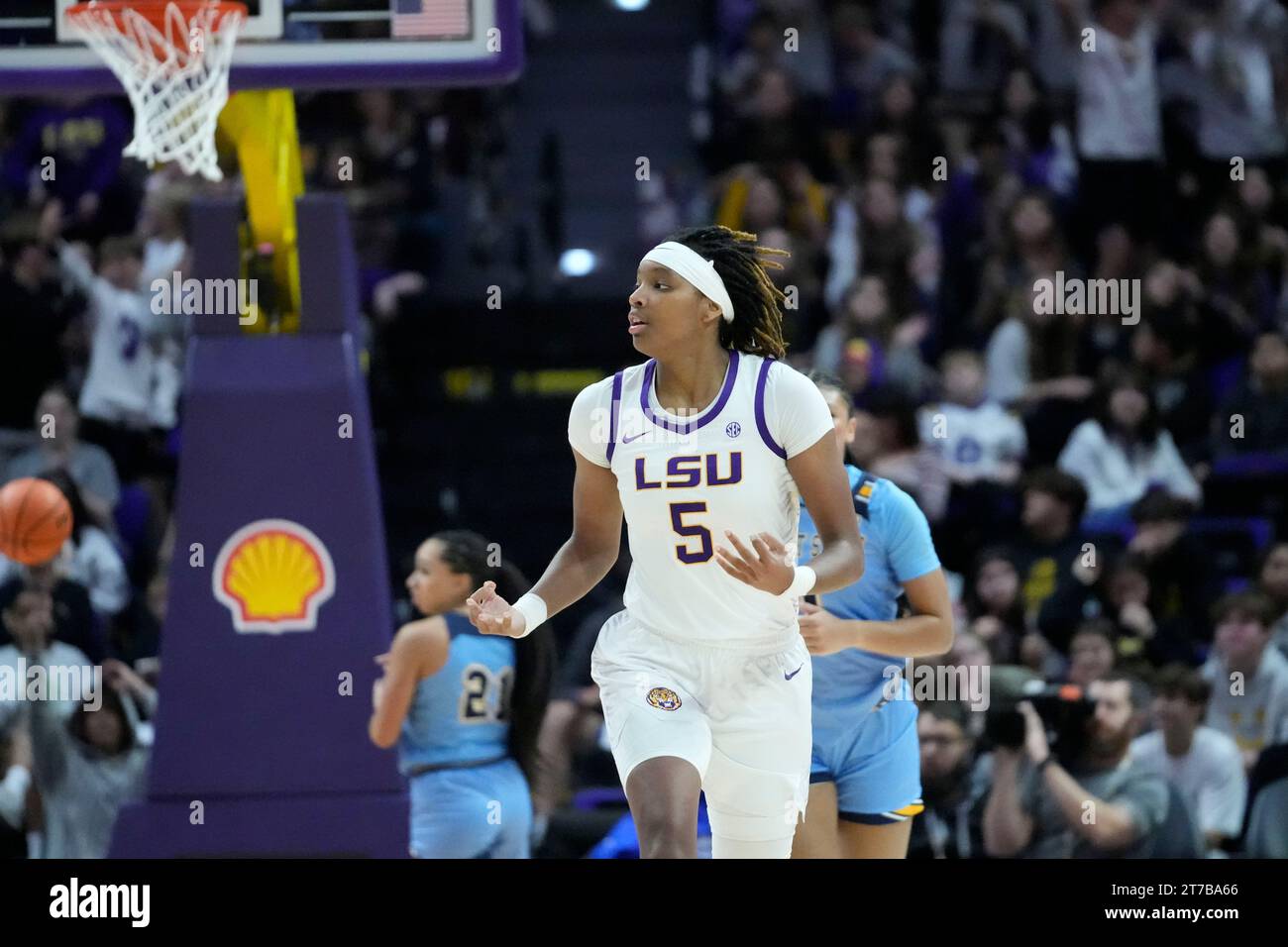 LSU forward Sa'Myah Smith (5) runs down court in the second half an NCAA college basketball game ...