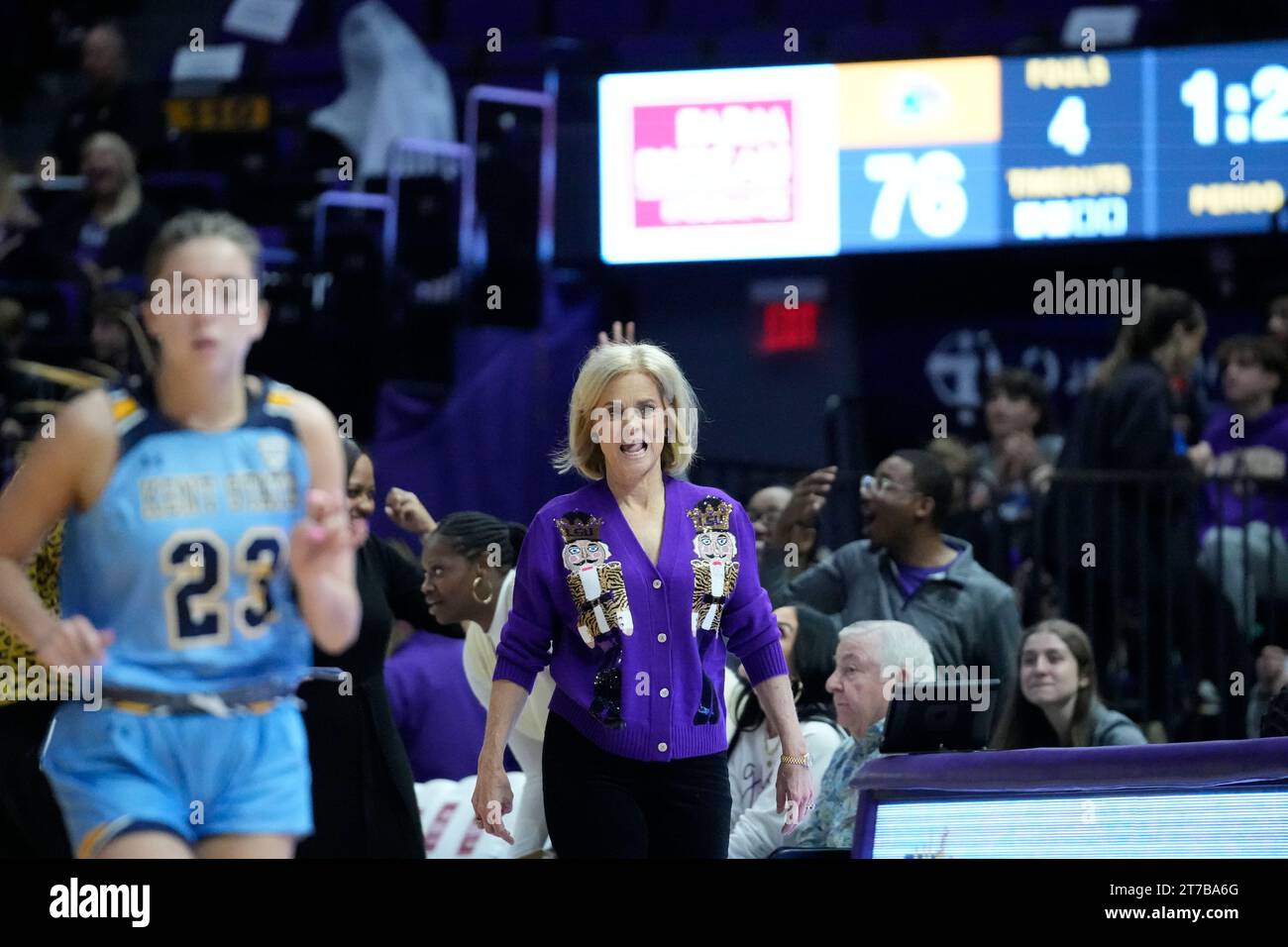 LSU head coach Kim Mulkey walks along the bench in the second half an ...