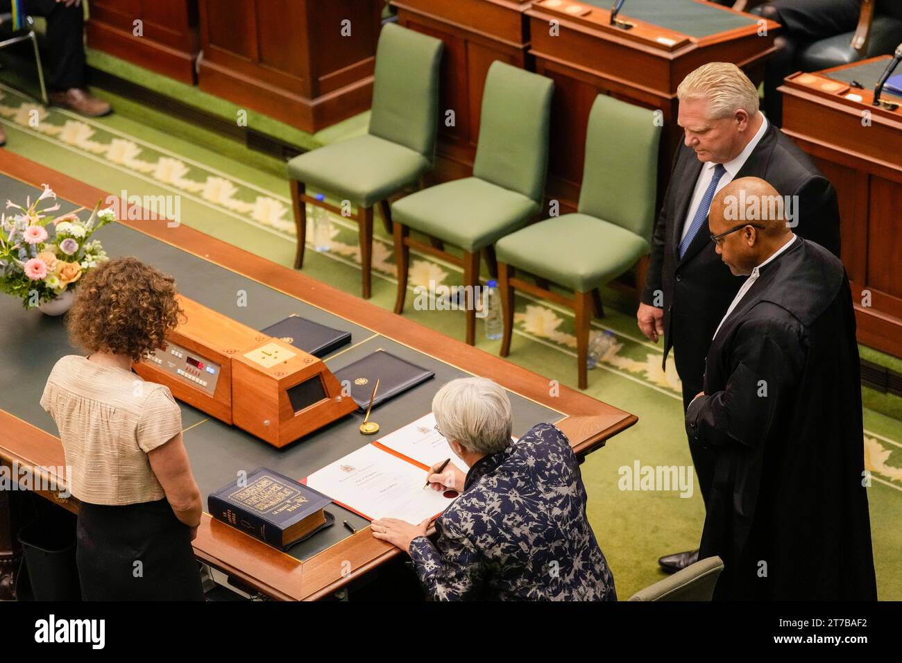 Toronto, Canada. 14th Nov, 2023. Edith Dumont signs the oath of office ...