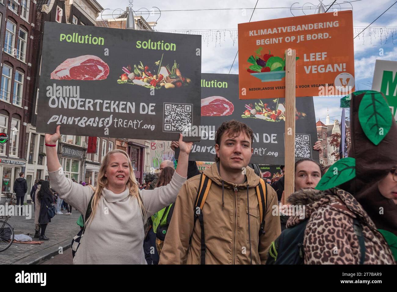 Amsterdam, Netherlands. 12th Nov, 2023. Protesters hold placards ...