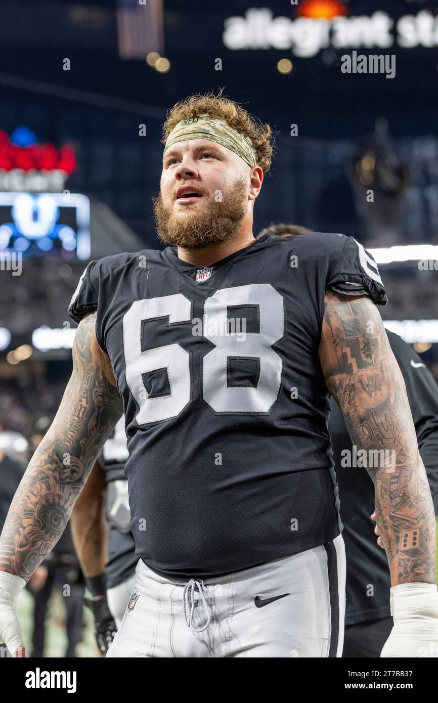 Las Vegas Raiders center Andre James (68) leaves the field after ...