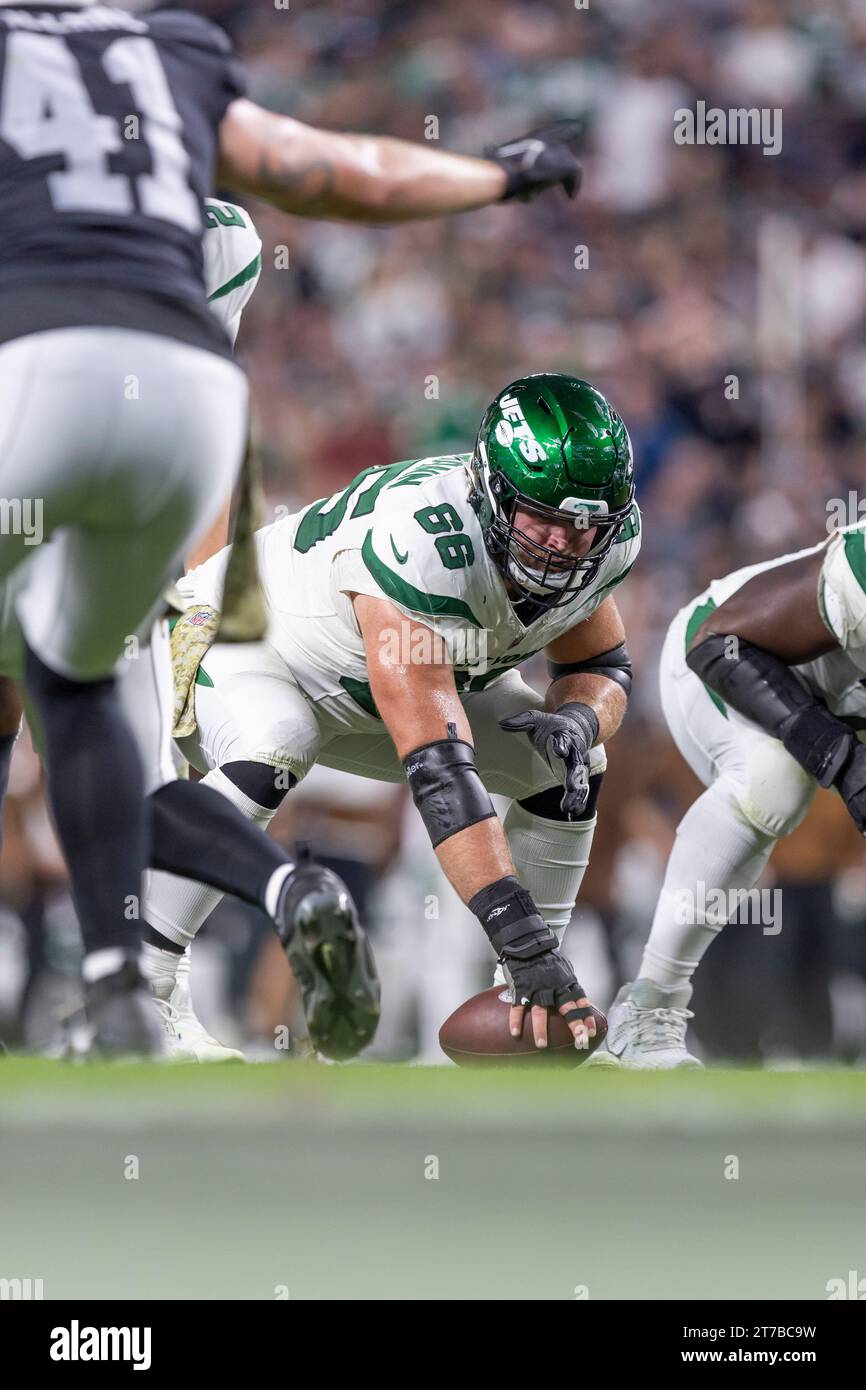 New York Jets center Joe Tippmann (66) lines up against the Las Vegas ...