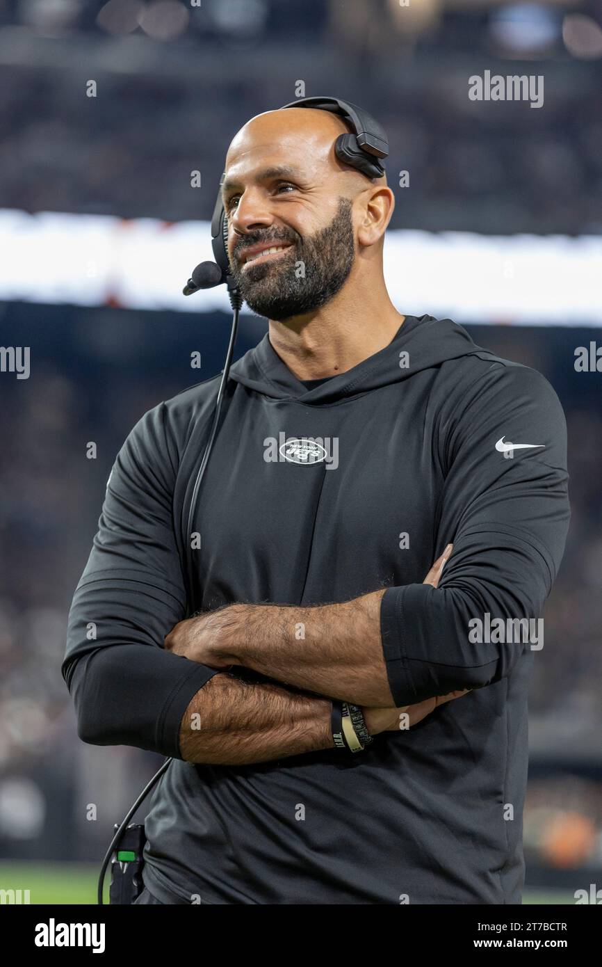 New York Jets head coach Robert Saleh coaches against the Las Vegas ...