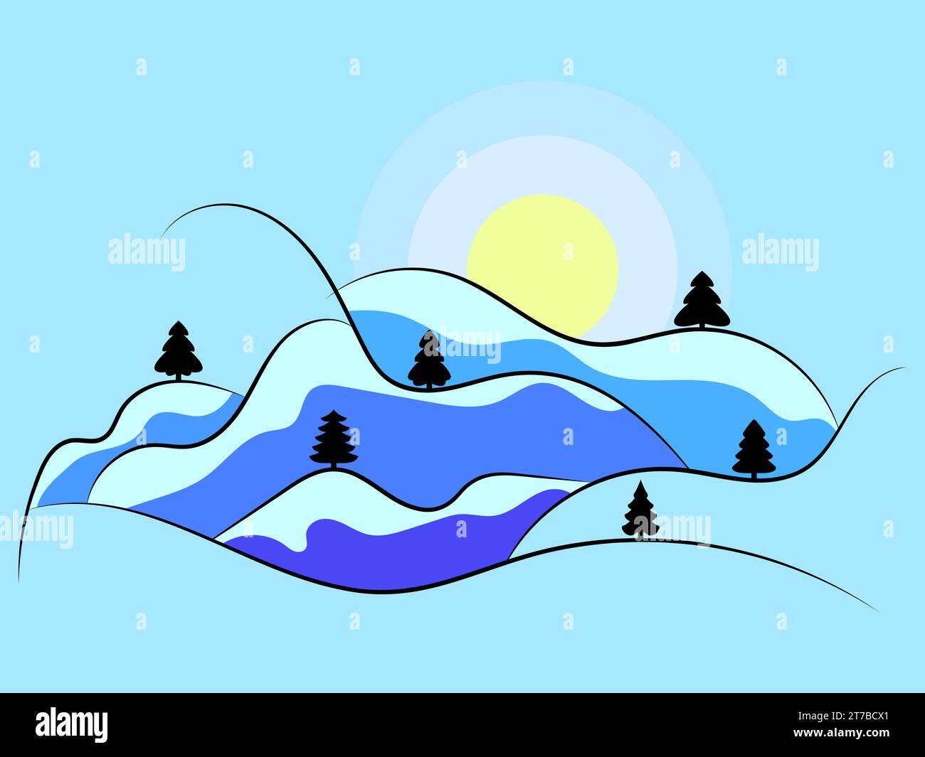 Winter landscape with snowy hills and fir trees. Landscape in line art ...