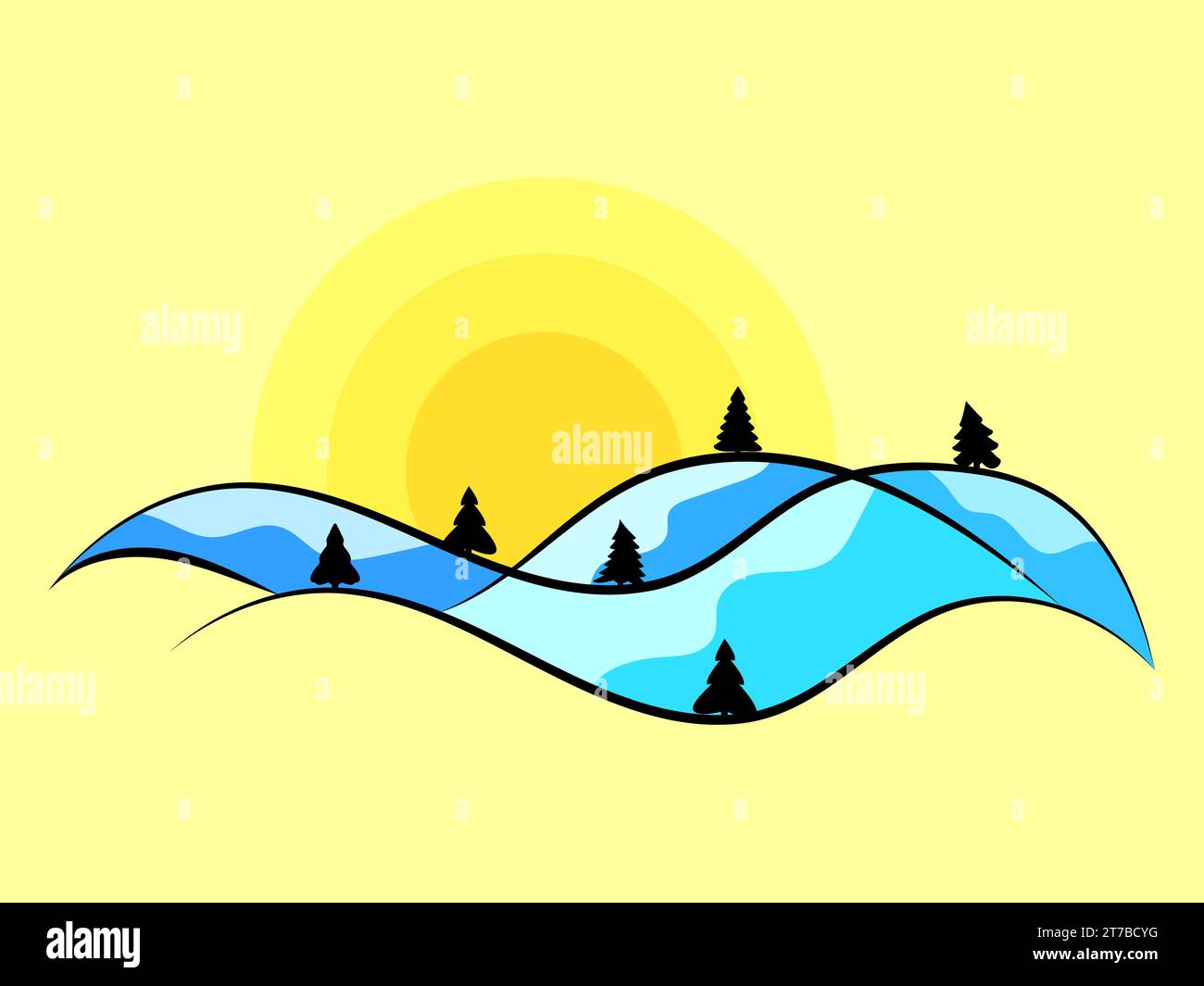 Winter landscape with snowy hills and fir trees. Landscape in line art ...