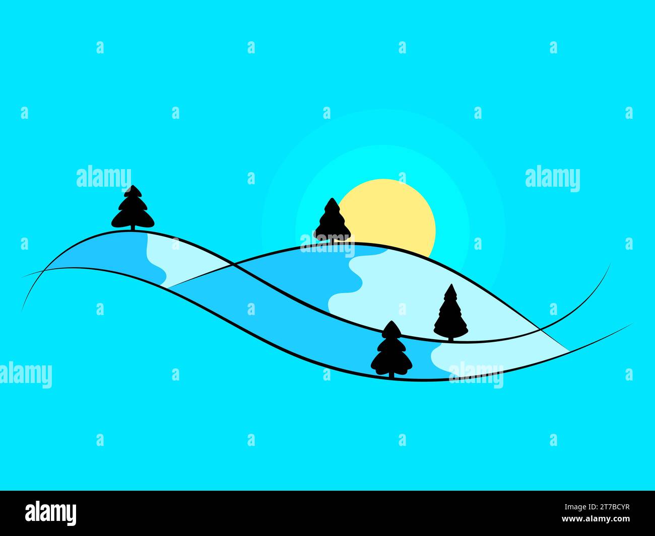 Winter landscape with snowy hills and fir trees. Landscape in line art ...