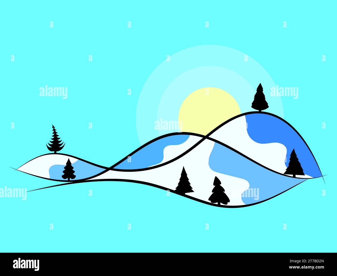 Winter landscape with snowy hills and fir trees. Landscape in line art ...