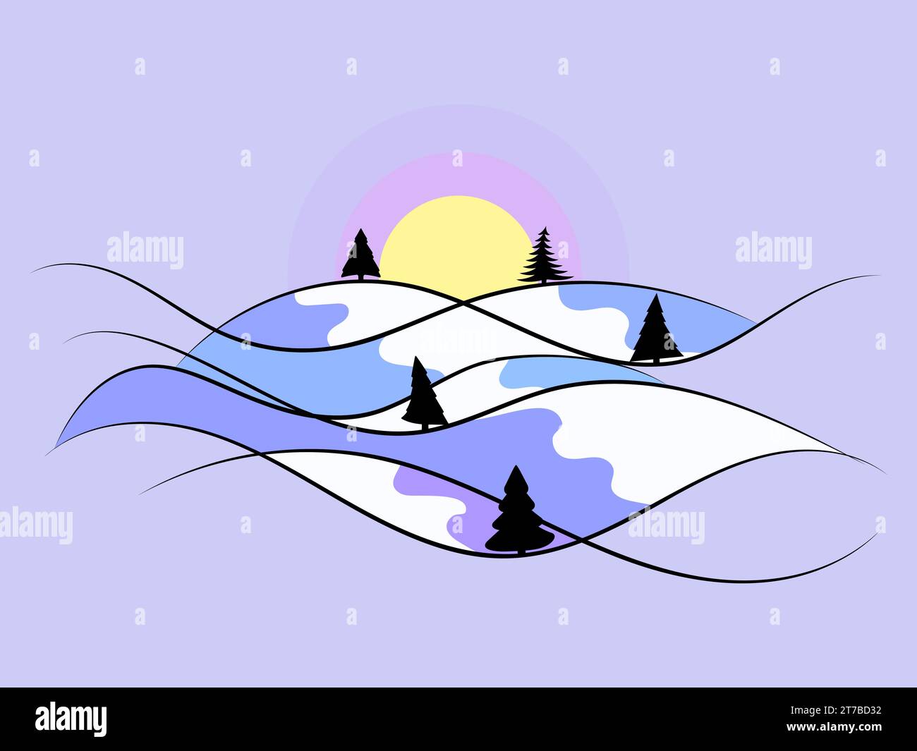 Winter landscape with snowy hills and fir trees. Landscape in line art ...