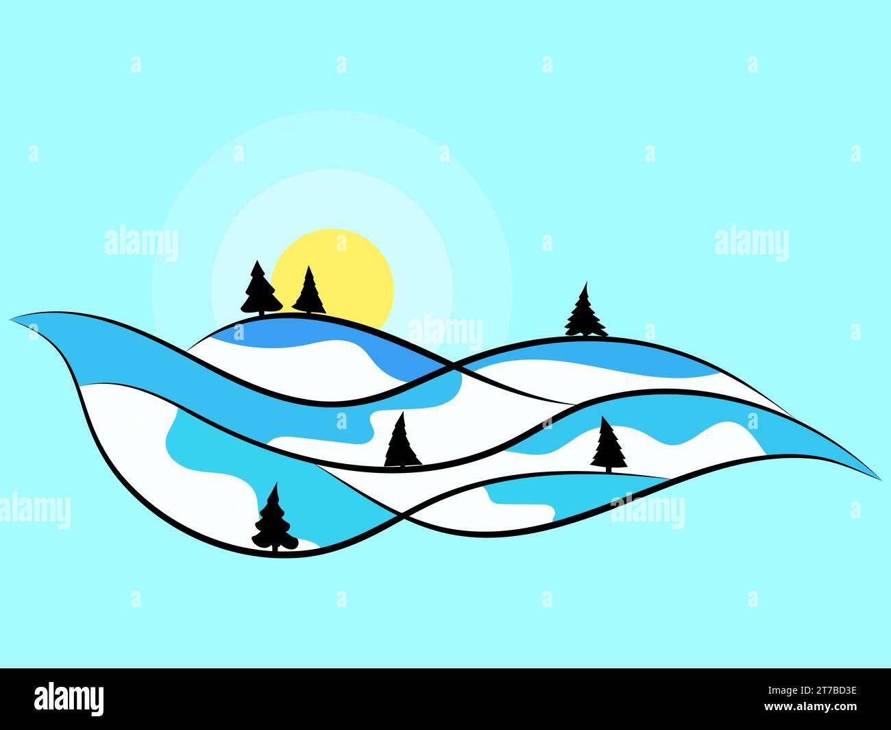 Winter landscape with snowy hills and fir trees. Landscape in line art ...