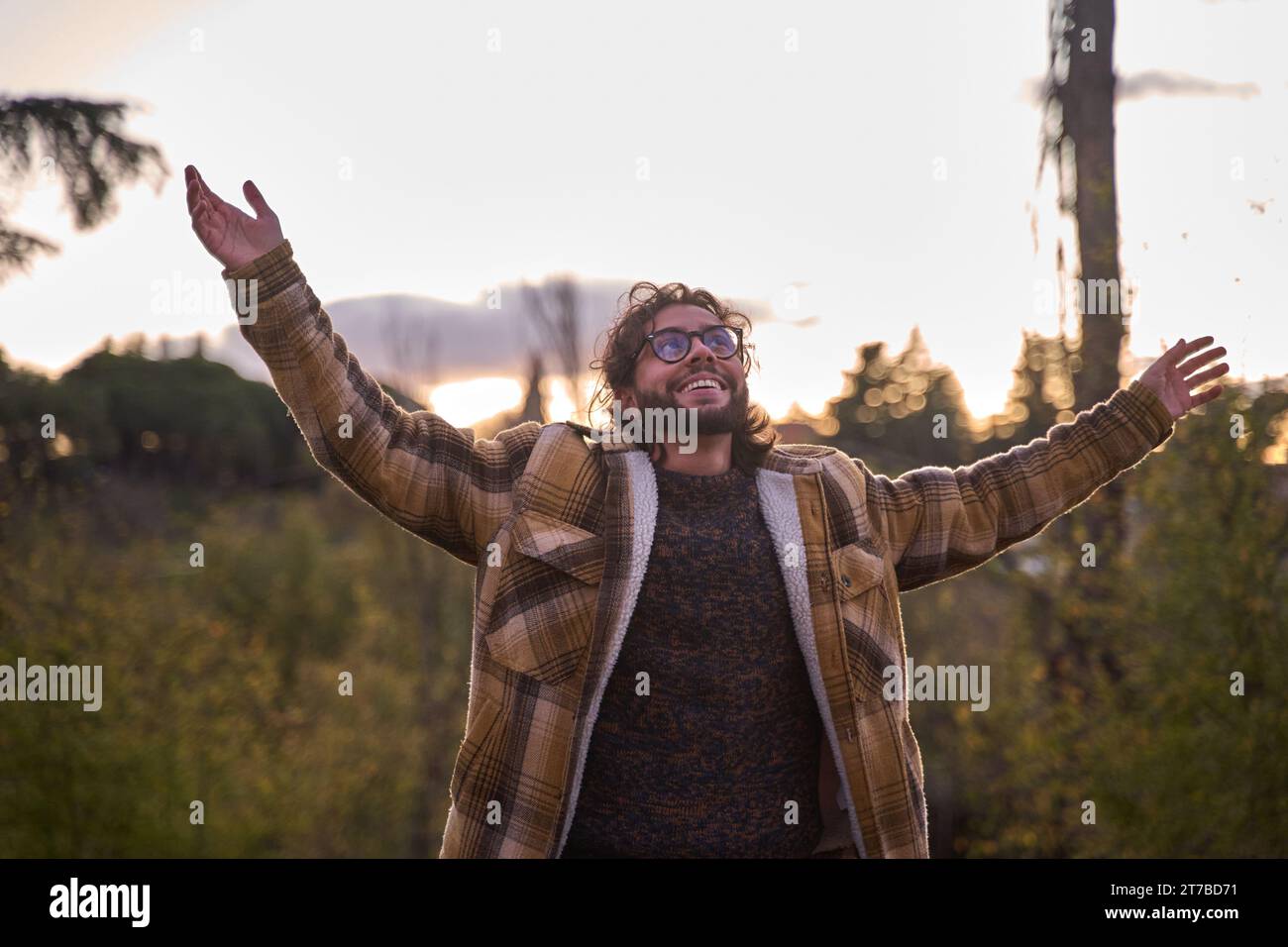 Connection with nature. trans man traveler breathing clean air in ...