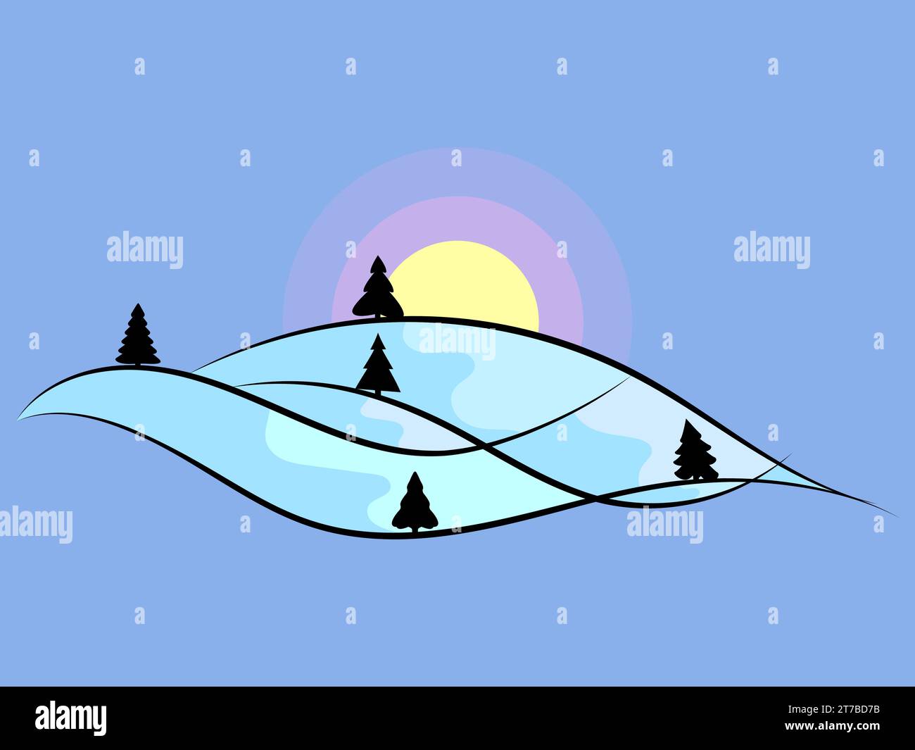 Winter landscape with snowy hills and fir trees. Landscape in line art ...