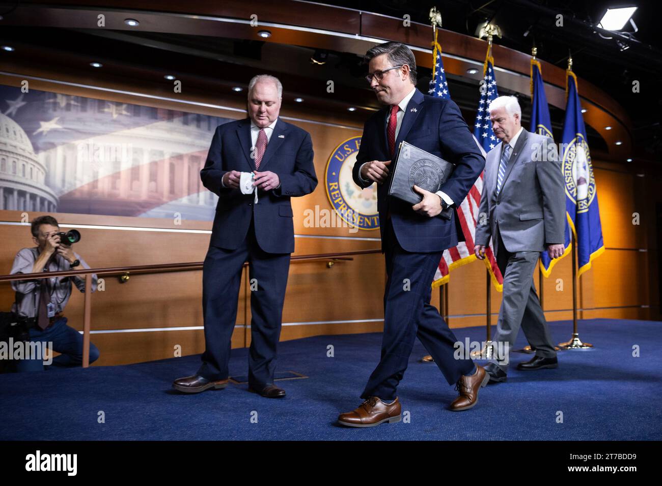 House Speaker Mike Johnson (R-La.), flanked by Reps. Steve Scalise (R ...