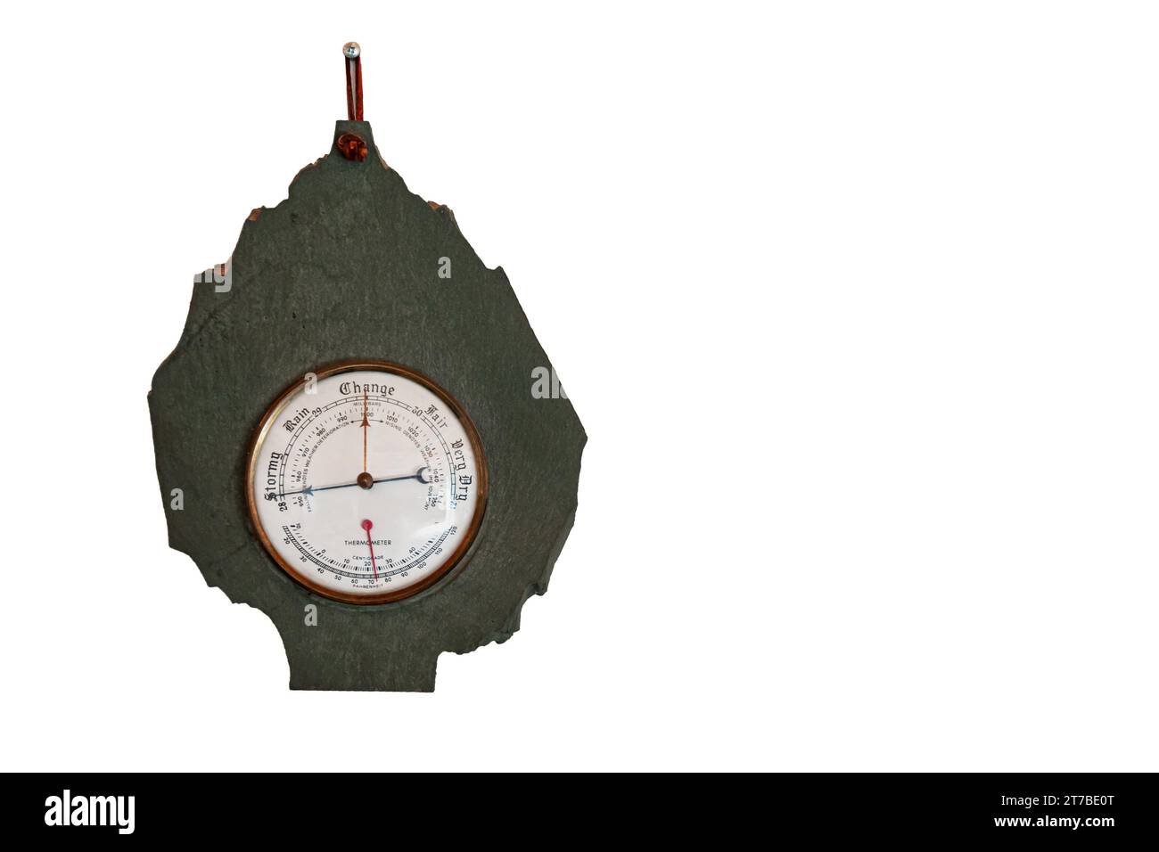 antique barometer in a wooden case with a yellow metal mechanism ...