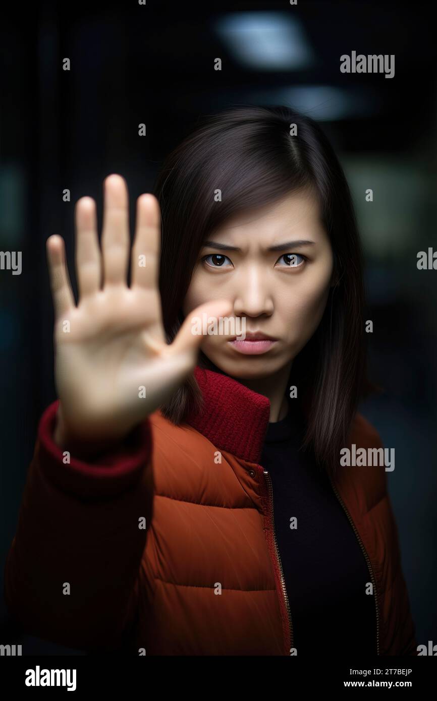 Close-up photo of an Asian woman showing a determined stop hand gesture ...