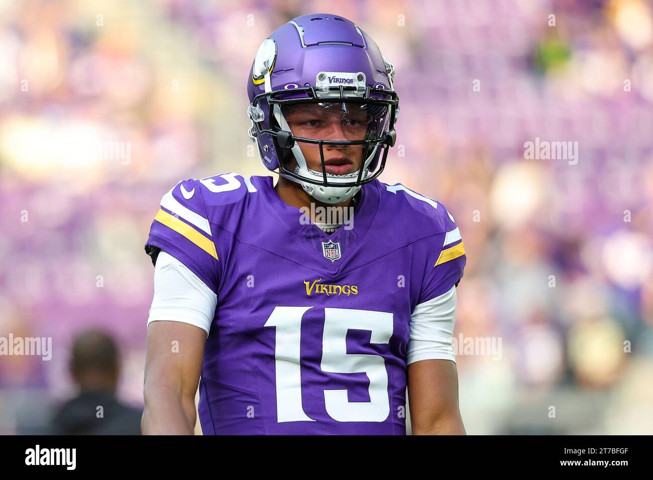 Minnesota Vikings quarterback Joshua Dobbs (15) warms up before an NFL ...