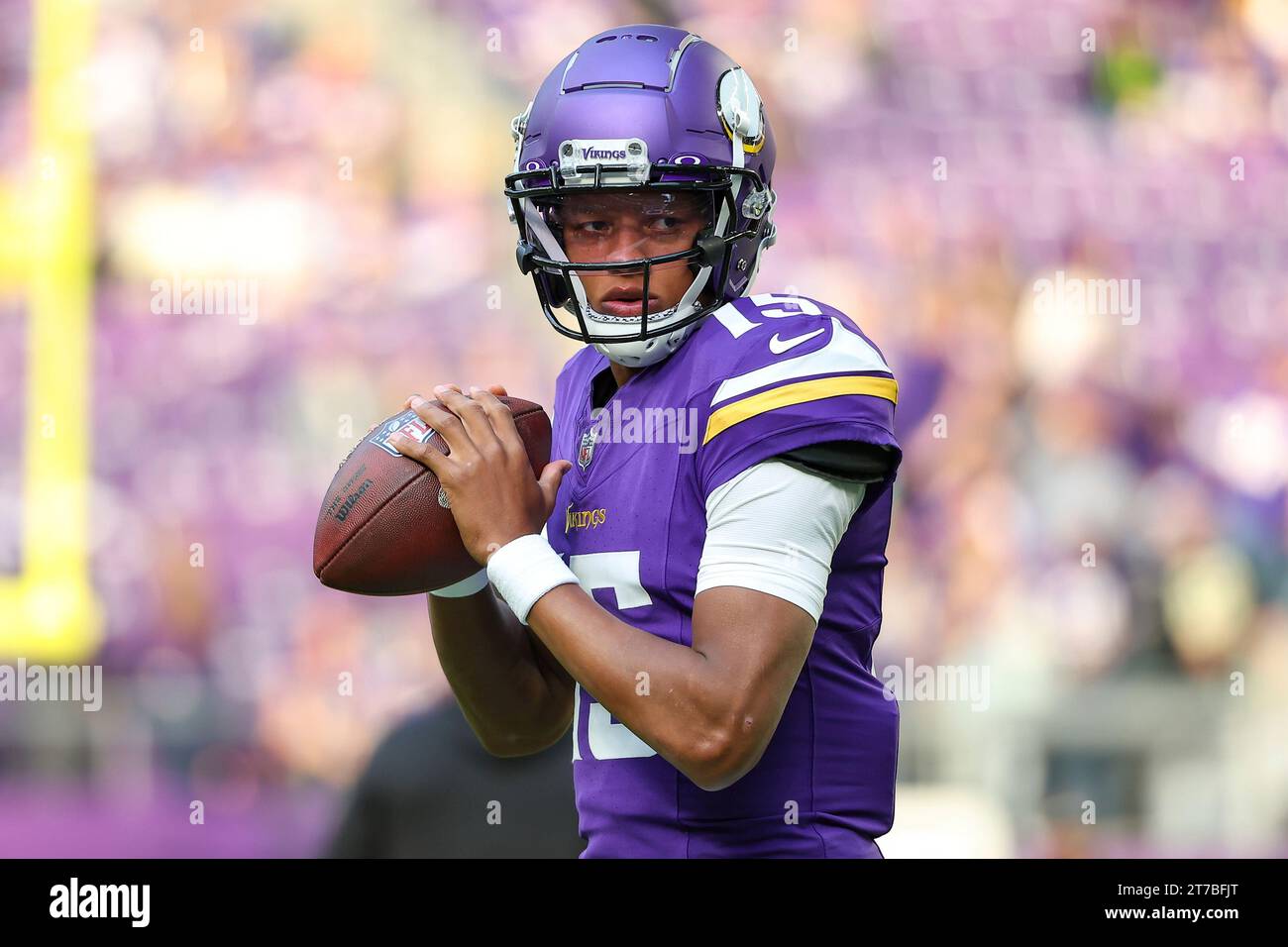 Minnesota Vikings quarterback Joshua Dobbs (15) warms up before an NFL ...