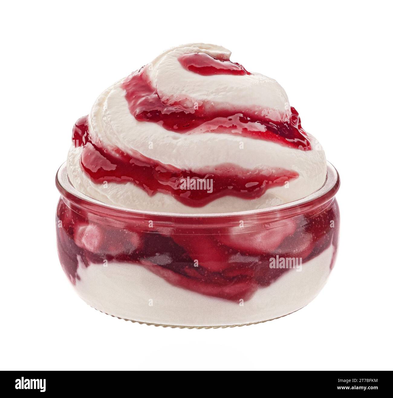 Glass bowl of yogurt with red berry jam isolated on white background ...