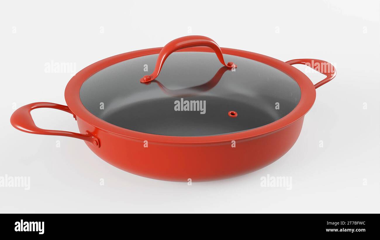 Stainless steel frying pan with glass lid and chrome cookware on white ...
