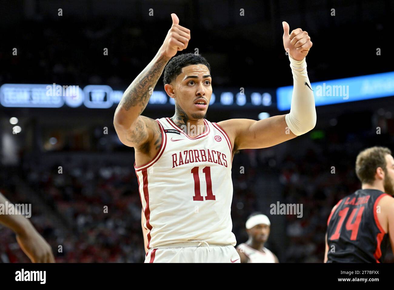 Arkansas forward Jalen Graham (11) reacts to an officials call against ...