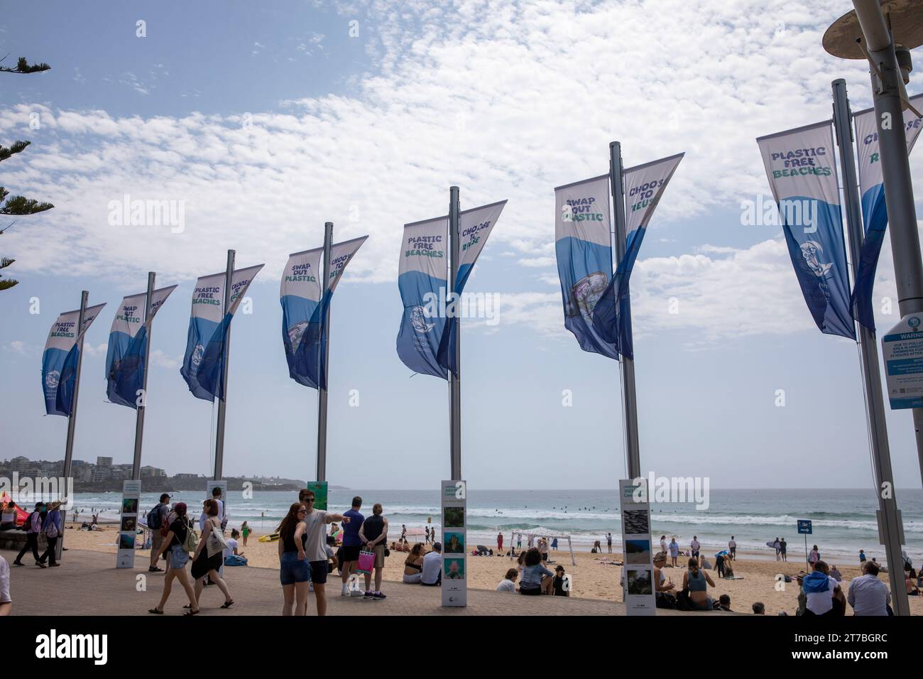 Environment, Manly Beach in Sydney and local council flying banners ...