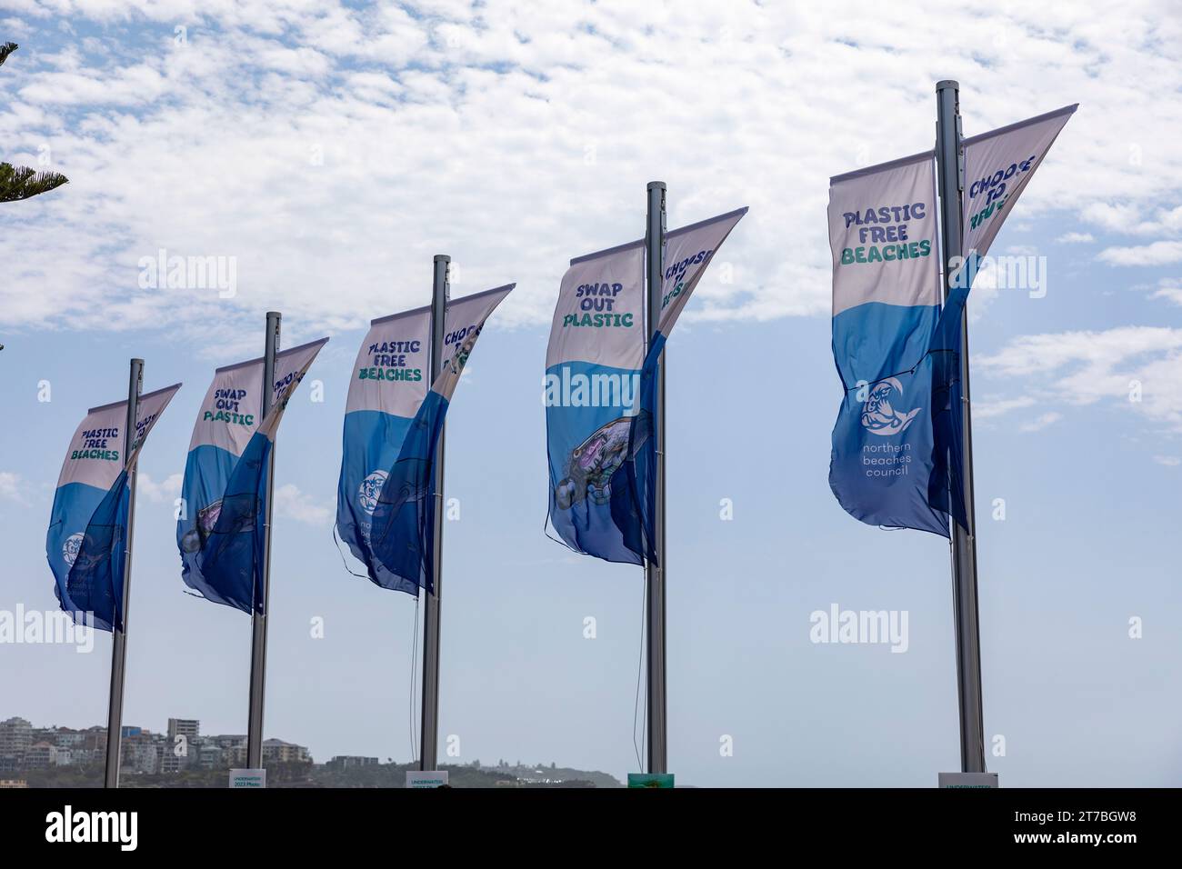 Environment, Manly Beach in Sydney and local council flying banners ...