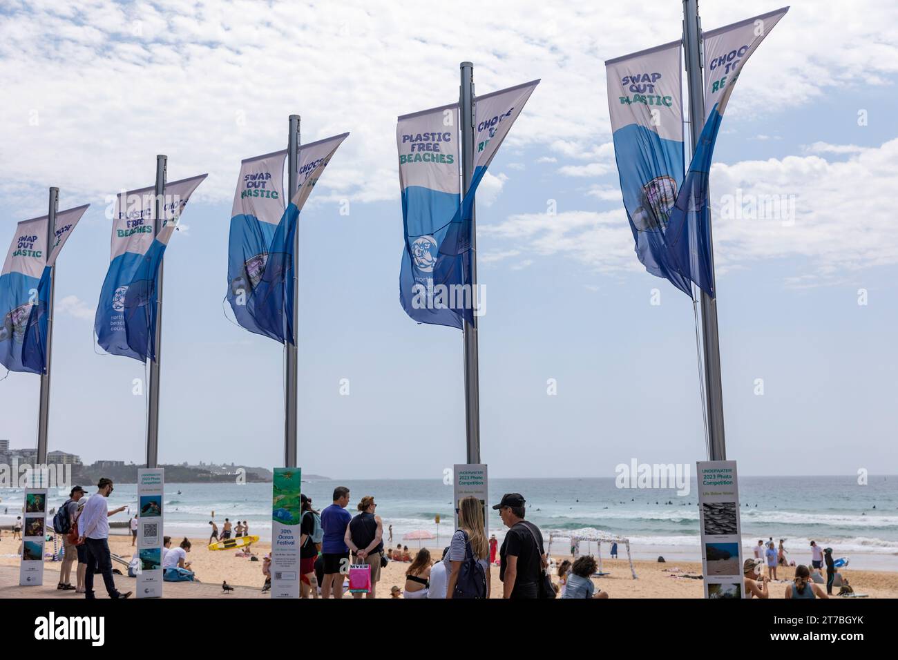 Environment, Manly Beach in Sydney and local council flying banners ...