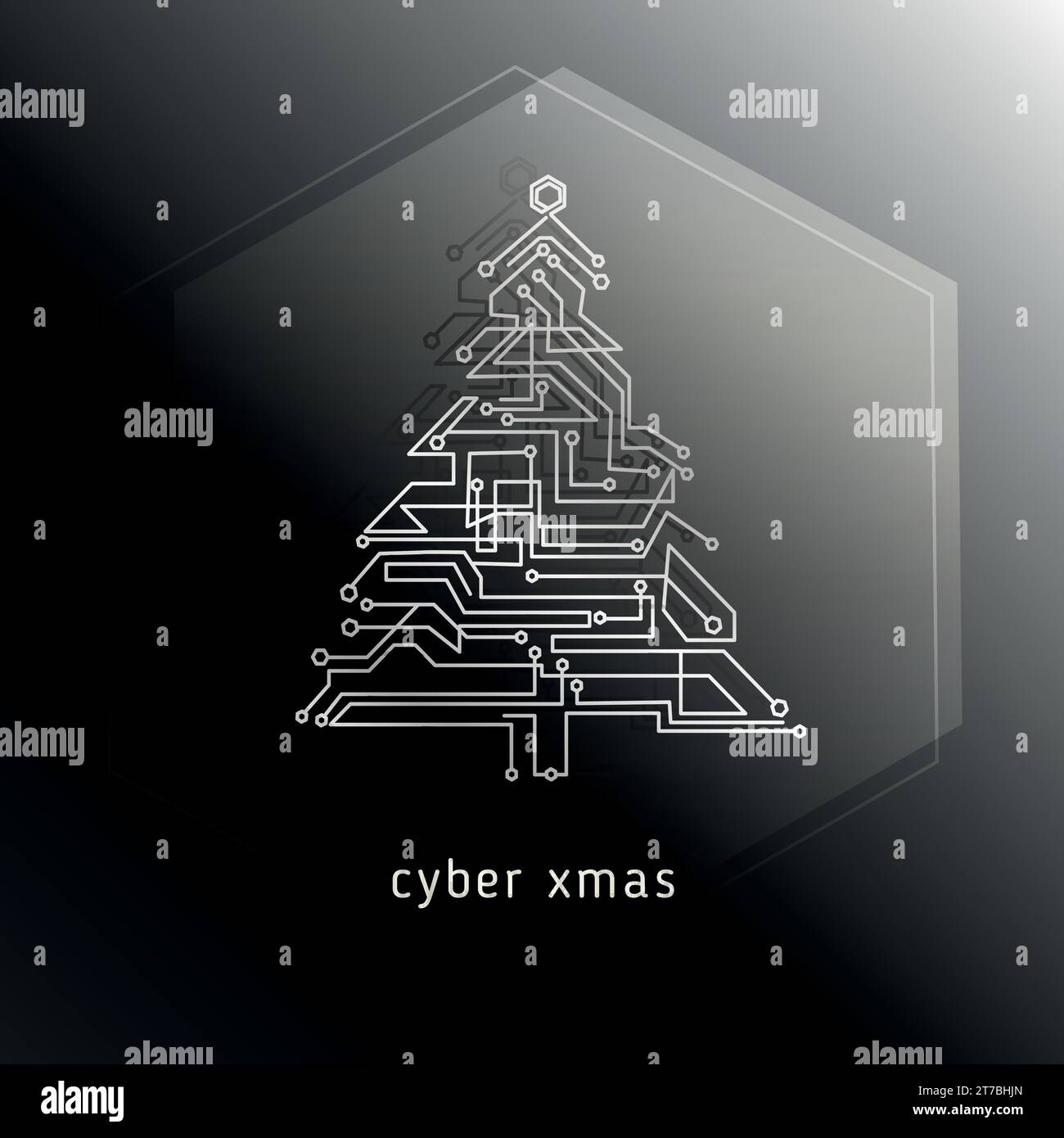 Christmas tree with a pattern of microcircuits in a hexagon geometric ...