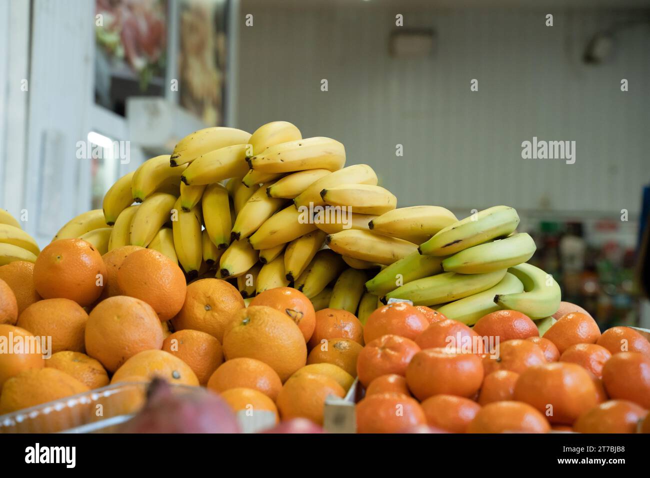 Fresh bananas in plastic boxes on big market Stock Photo - Alamy