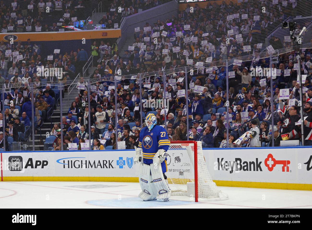 Buffalo Sabres goaltender Devon Levi (27) stands in the crease during ...
