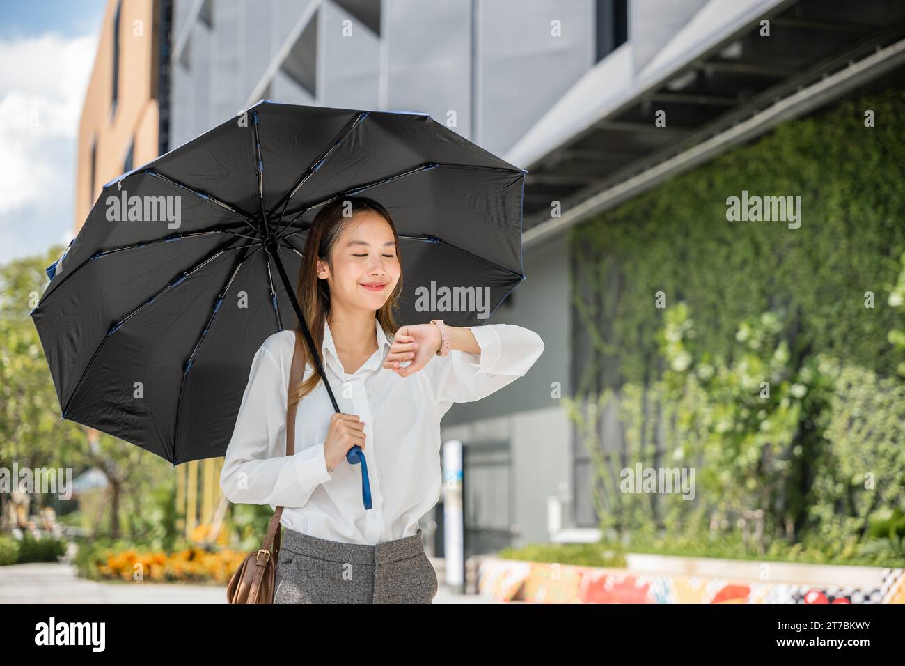 A young Asian businesswoman, shielded by an umbrella, walks to the ...