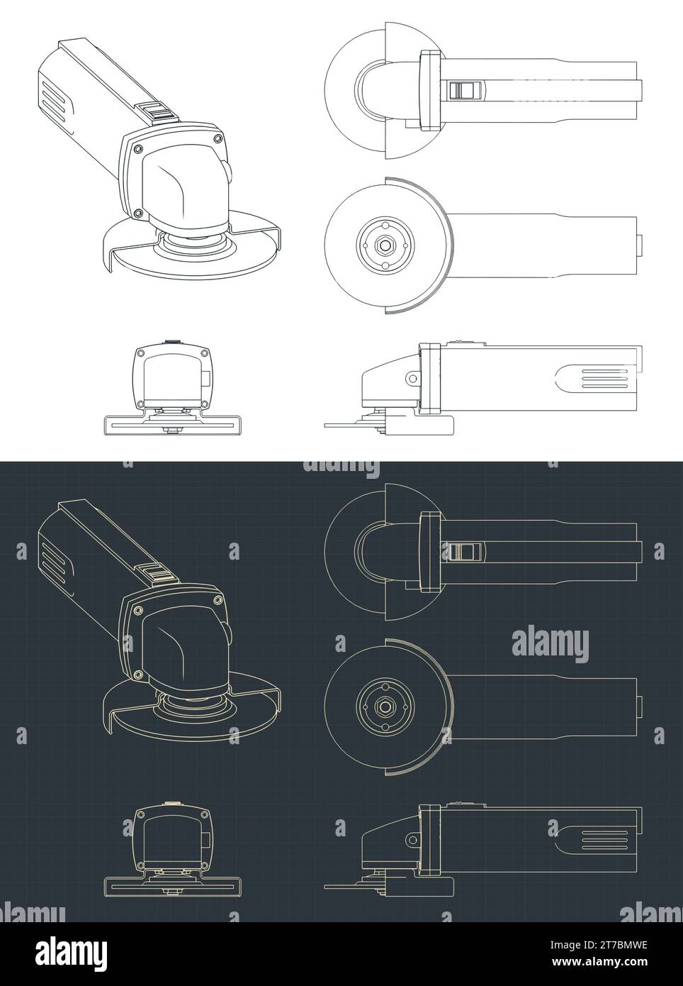 Stylized vector illustrations of blueprints of electrical angle grinder ...