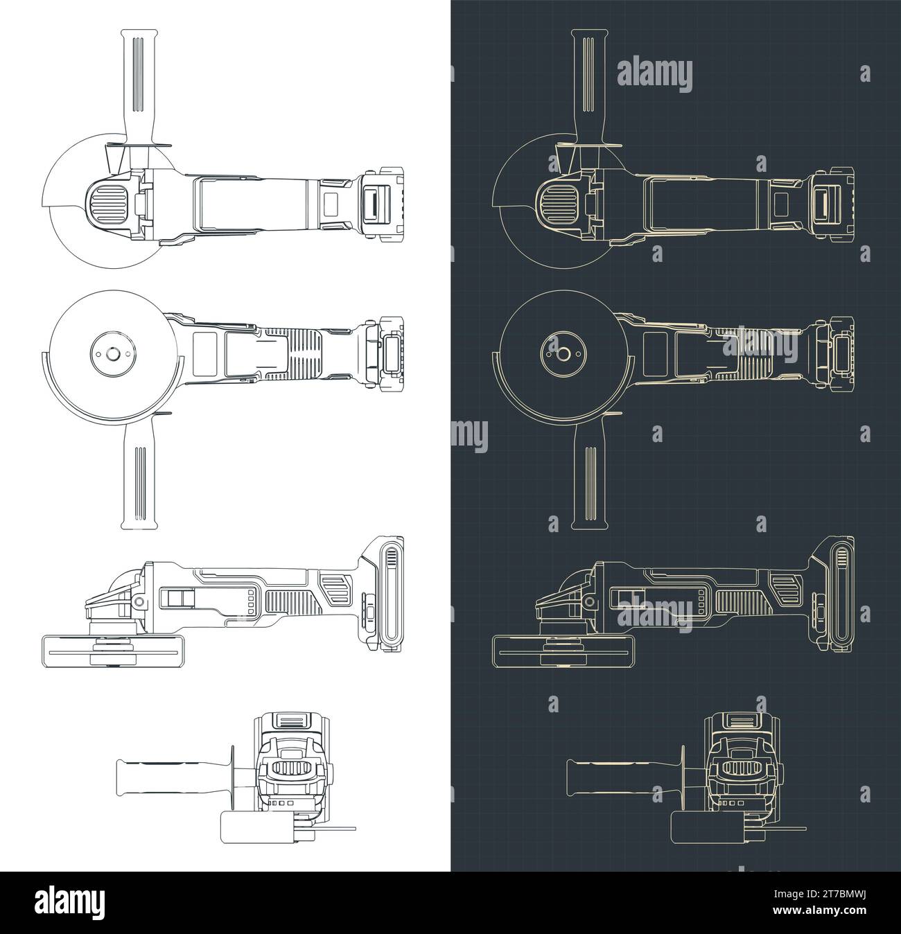 Stylized vector illustrations of blueprints of cordless angle grinder ...