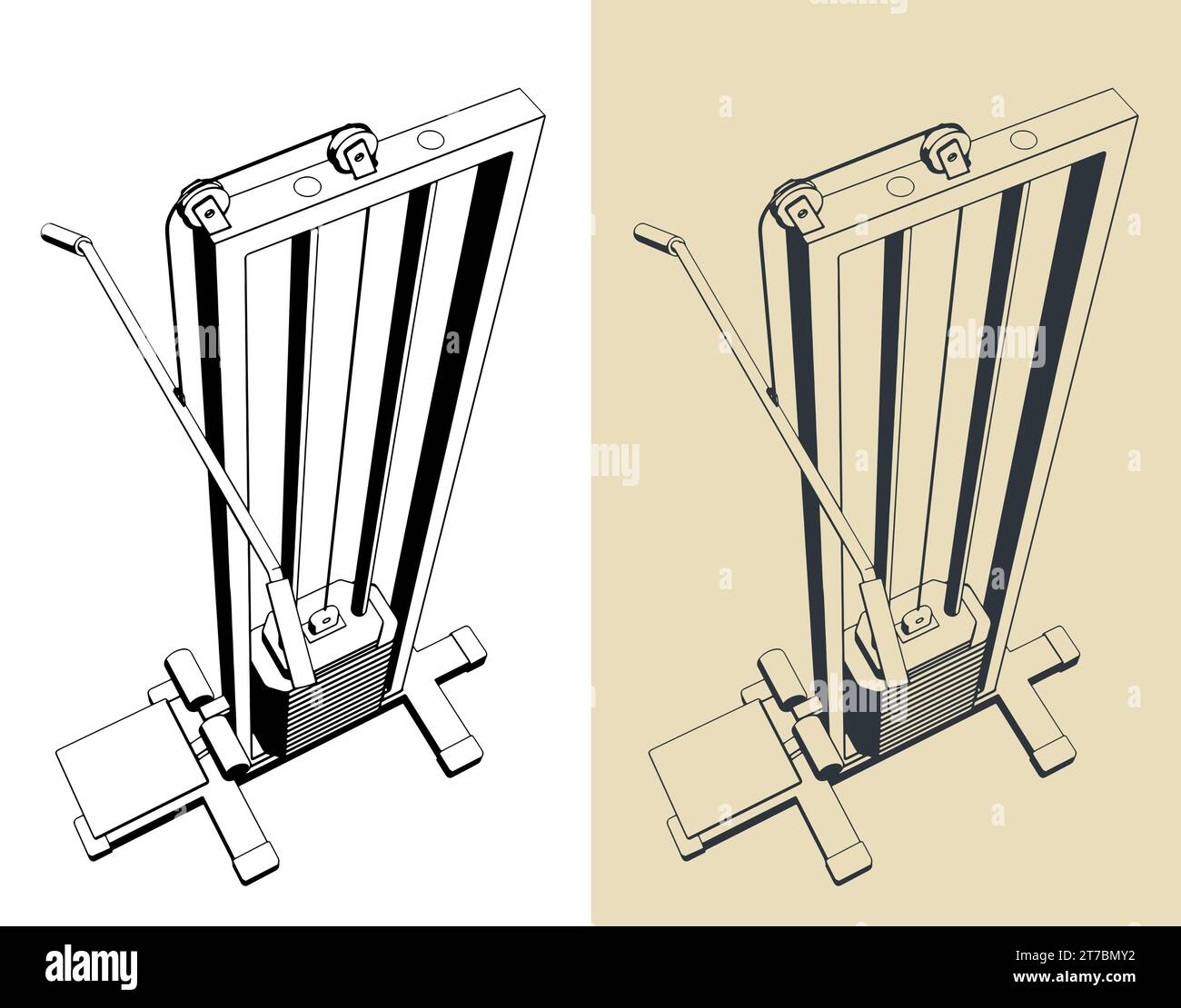 Stylized vector illustrations of gym equipment. Lat pulldown machine ...