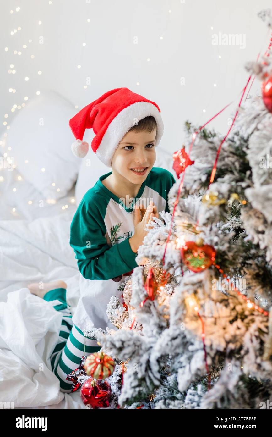 Child decorates Christmas tree. The boy is holding a Christmas toy ...